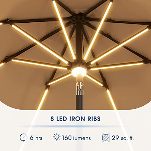 BLUU MAPLE 9 FT Outdoor Solar Patio Umbrella LED Table Umbrellas with 16 LED Strip Lights & Hub Light, Aluminum Frame, 3 YEARS Fade Resistance & UV Protection Olefin Fabric - Cream Beige