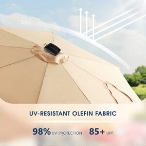 BLUU MAPLE 9 FT Outdoor Solar Patio Umbrella LED Table Umbrellas with 16 LED Strip Lights & Hub Light, Aluminum Frame, 3 YEARS Fade Resistance & UV Protection Olefin Fabric - Cream Beige