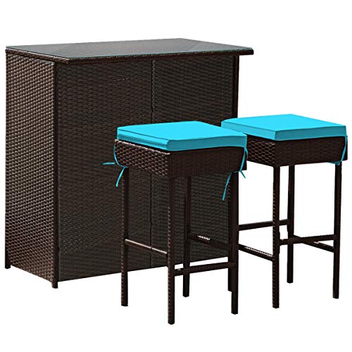 HAPPYGRILL 3-Pieces Patio Bar Set Rattan Wicker Bar Stools & Table with Cushions and Glass Table Top for Pool Garden Dining Set with Storage Shelves