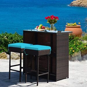 HAPPYGRILL 3-Pieces Patio Bar Set Rattan Wicker Bar Stools & Table with Cushions and Glass Table Top for Pool Garden Dining Set with Storage Shelves