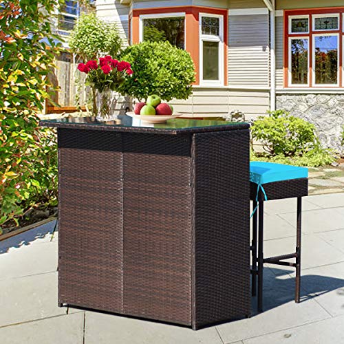 HAPPYGRILL 3-Pieces Patio Bar Set Rattan Wicker Bar Stools & Table with Cushions and Glass Table Top for Pool Garden Dining Set with Storage Shelves