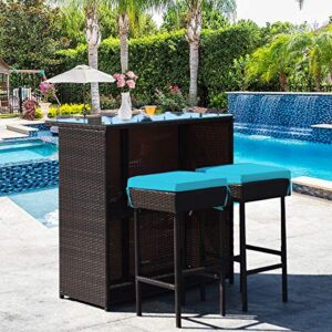 HAPPYGRILL 3-Pieces Patio Bar Set Rattan Wicker Bar Stools & Table with Cushions and Glass Table Top for Pool Garden Dining Set with Storage Shelves