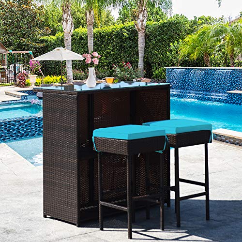 HAPPYGRILL 3-Pieces Patio Bar Set Rattan Wicker Bar Stools & Table with Cushions and Glass Table Top for Pool Garden Dining Set with Storage Shelves