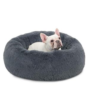 bedsure calming dog bed for medium dogs - donut washable medium pet bed, 30 inches anti anxiety round fluffy plush faux fur cat bed, fits up to 45 lbs pets, dark grey