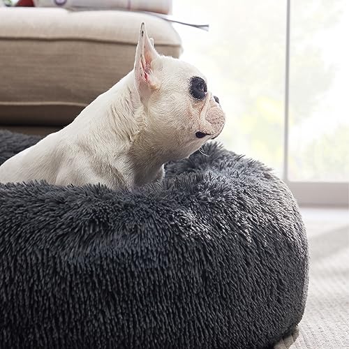 Bedsure Calming Dog Bed for Medium Dogs - Donut Washable Medium Pet Bed, 30 inches Anti Anxiety Round Fluffy Plush Faux Fur Cat Bed, Fits up to 45 lbs Pets, Dark Grey