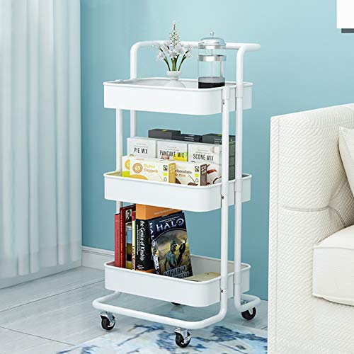 CLIPOP 3-Tier Rolling Utility Cart with Ergonomic Handle & Lockable Mute Wheels, Multifunctional Metal Organizer Storage Trolley Service Cart for Kitchen Living Room Office (White)