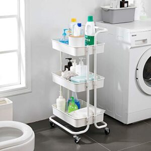 CLIPOP 3-Tier Rolling Utility Cart with Ergonomic Handle & Lockable Mute Wheels, Multifunctional Metal Organizer Storage Trolley Service Cart for Kitchen Living Room Office (White)