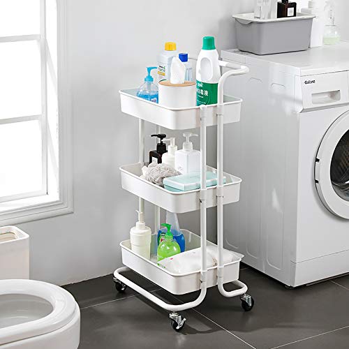 CLIPOP 3-Tier Rolling Utility Cart with Ergonomic Handle & Lockable Mute Wheels, Multifunctional Metal Organizer Storage Trolley Service Cart for Kitchen Living Room Office (White)