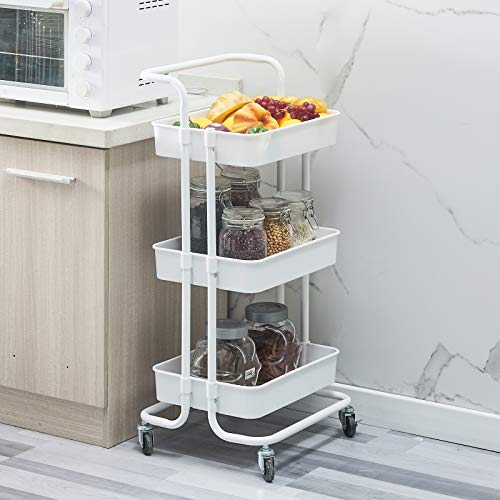 CLIPOP 3-Tier Rolling Utility Cart with Ergonomic Handle & Lockable Mute Wheels, Multifunctional Metal Organizer Storage Trolley Service Cart for Kitchen Living Room Office (White)