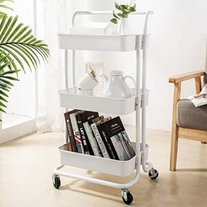 CLIPOP 3-Tier Rolling Utility Cart with Ergonomic Handle & Lockable Mute Wheels, Multifunctional Metal Organizer Storage Trolley Service Cart for Kitchen Living Room Office (White)