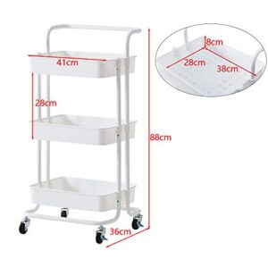 CLIPOP 3-Tier Rolling Utility Cart with Ergonomic Handle & Lockable Mute Wheels, Multifunctional Metal Organizer Storage Trolley Service Cart for Kitchen Living Room Office (White)