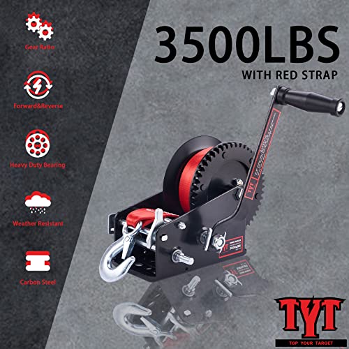 TYT 3500LB Boat Trailer Strap Winch with 10M Red Strap, Sturdy Long-Lasting Gear Hand Crank Winch, Operated Two Way Ratchet Manual Winches for Towing Pulley Boat Trailer Truck RV Jet Ski Marine Winch