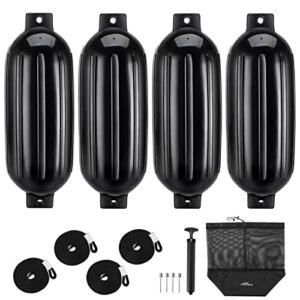 affordura boat fender 4 pack boat bumpers fenders with 4 ropes, boat bumpers for pontoon boat fenders inflatable (black, 6.5 inch)