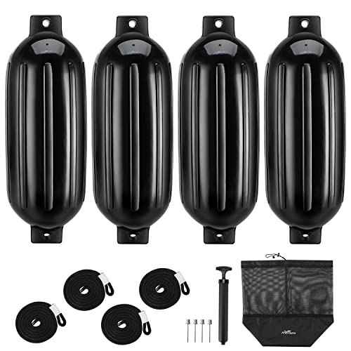 Affordura Boat Fender 4 Pack Boat Bumpers Fenders with 4 Ropes, Boat Bumpers for Pontoon Boat Fenders Inflatable (Black, 6.5 inch)