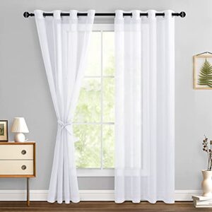 hiasan white sheer curtains 84 inches long with tiebacks, light filtering semi transparent lightweight voile grommet window curtains for bedroom, living room, w52 x l84, set of 2 drape panels