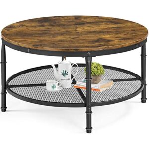 yaheetech 35.5 inch round coffee table, 2-tier rustic wood coffee table for living room, industrial center table with metal frame and wood desktop,easy assembly, rustic brown