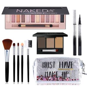 all in one makeup kit, includes 12 colors naked eyeshadow palette, 5pcs makeup brushes, waterproof eyeliner pencils, eyebrow powder and quicksand cosmetic bag, gift set for women, girls & teens