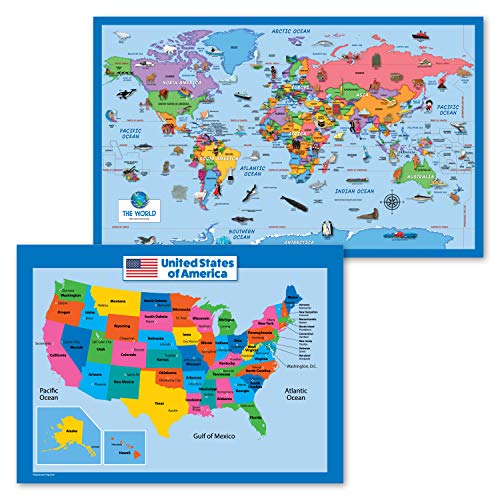 2 Pack - World Map Poster for Kids [Illustrated] + Simplified United States Map (Laminated, 18" x 29")