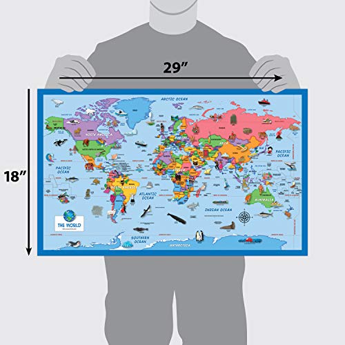 2 Pack - World Map Poster for Kids [Illustrated] + Simplified United States Map (Laminated, 18" x 29")