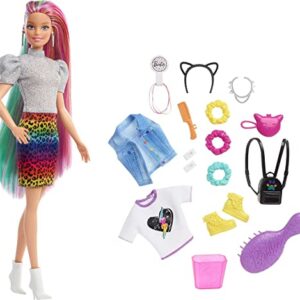 Barbie Doll Leopard Rainbow Hair with Color-Change Highlights & 16 Styling Accessories Including Clothes, Scrunchies, Brush & More