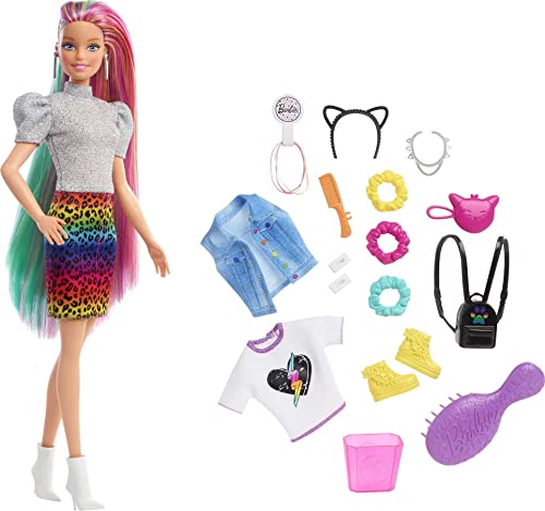 Barbie Doll Leopard Rainbow Hair with Color-Change Highlights & 16 Styling Accessories Including Clothes, Scrunchies, Brush & More