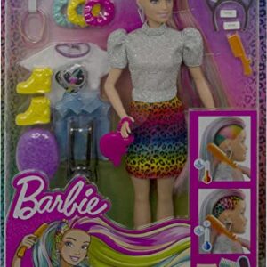 Barbie Doll Leopard Rainbow Hair with Color-Change Highlights & 16 Styling Accessories Including Clothes, Scrunchies, Brush & More