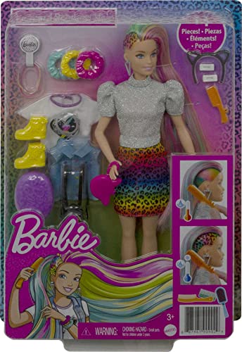 Barbie Doll Leopard Rainbow Hair with Color-Change Highlights & 16 Styling Accessories Including Clothes, Scrunchies, Brush & More