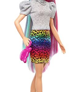 Barbie Doll Leopard Rainbow Hair with Color-Change Highlights & 16 Styling Accessories Including Clothes, Scrunchies, Brush & More