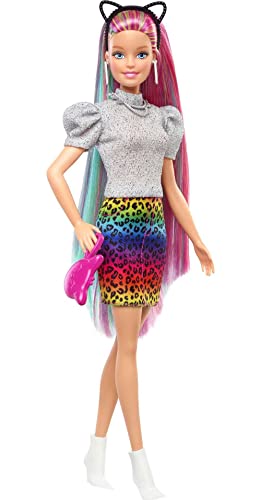 Barbie Doll Leopard Rainbow Hair with Color-Change Highlights & 16 Styling Accessories Including Clothes, Scrunchies, Brush & More