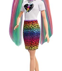 Barbie Doll Leopard Rainbow Hair with Color-Change Highlights & 16 Styling Accessories Including Clothes, Scrunchies, Brush & More