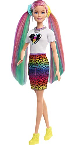 Barbie Doll Leopard Rainbow Hair with Color-Change Highlights & 16 Styling Accessories Including Clothes, Scrunchies, Brush & More