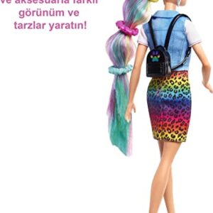 Barbie Doll Leopard Rainbow Hair with Color-Change Highlights & 16 Styling Accessories Including Clothes, Scrunchies, Brush & More