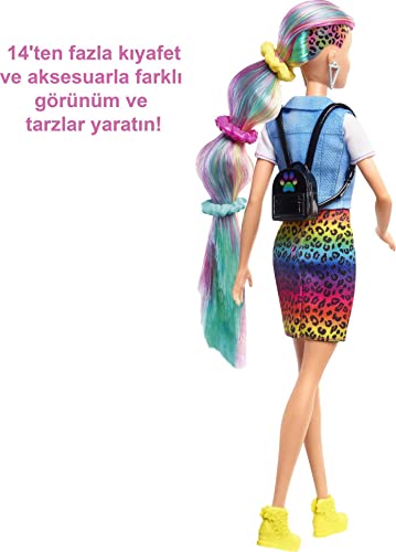 Barbie Doll Leopard Rainbow Hair with Color-Change Highlights & 16 Styling Accessories Including Clothes, Scrunchies, Brush & More