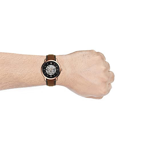 Fossil Men's Neutra Automatic Stainless Steel and Eco Leather Three-Hand Skeleton Watch, Color: Rose Gold, Brown (Model: ME3195)