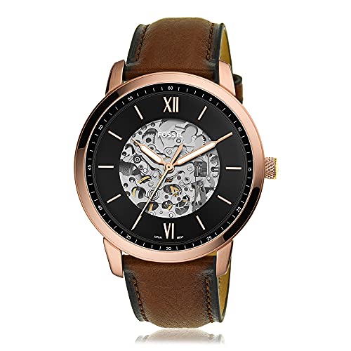 Fossil Men's Neutra Automatic Stainless Steel and Eco Leather Three-Hand Skeleton Watch, Color: Rose Gold, Brown (Model: ME3195)