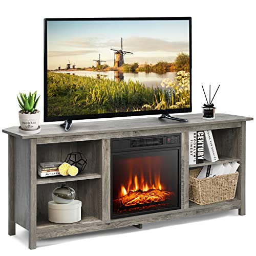 Tangkula TV Stand with Electric Fireplace, for TVs up to 65 Inches, with 18 Inches 1400W Electric Fireplace, with Remote Control, 3 Level Adjustable Flame & Timer, for Living Room, Bedroom