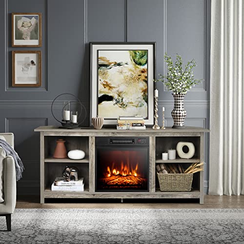 Tangkula TV Stand with Electric Fireplace, for TVs up to 65 Inches, with 18 Inches 1400W Electric Fireplace, with Remote Control, 3 Level Adjustable Flame & Timer, for Living Room, Bedroom