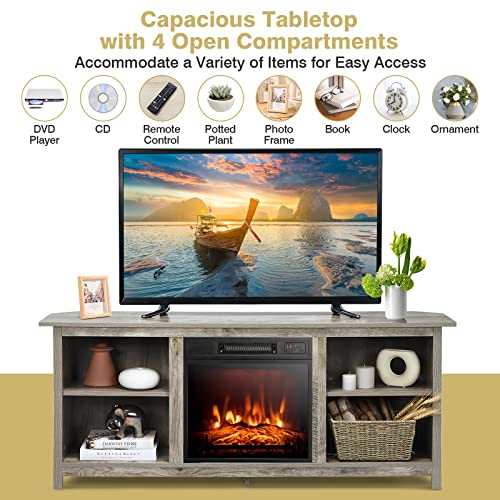 Tangkula TV Stand with Electric Fireplace, for TVs up to 65 Inches, with 18 Inches 1400W Electric Fireplace, with Remote Control, 3 Level Adjustable Flame & Timer, for Living Room, Bedroom