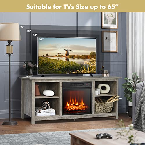 Tangkula TV Stand with Electric Fireplace, for TVs up to 65 Inches, with 18 Inches 1400W Electric Fireplace, with Remote Control, 3 Level Adjustable Flame & Timer, for Living Room, Bedroom