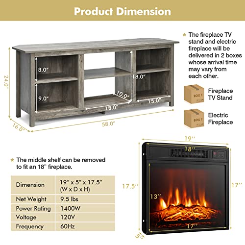 Tangkula TV Stand with Electric Fireplace, for TVs up to 65 Inches, with 18 Inches 1400W Electric Fireplace, with Remote Control, 3 Level Adjustable Flame & Timer, for Living Room, Bedroom