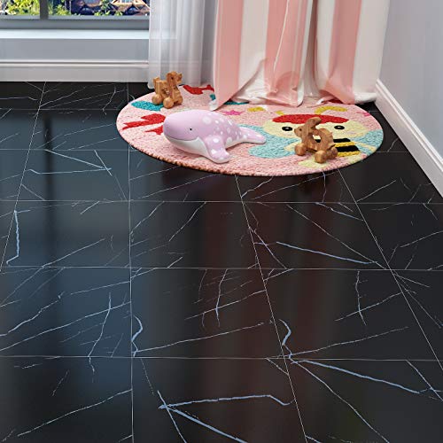 Livelynine Peel and Stick Floor Tile 12X12 Inch 16 Pack Marble Black Vinyl Flooring Peel and Stick Flooring Tiles For Kitchen Bedroom Bathroom Farmhouse Renter Floor Stickers Peel and Stick Tile Floor