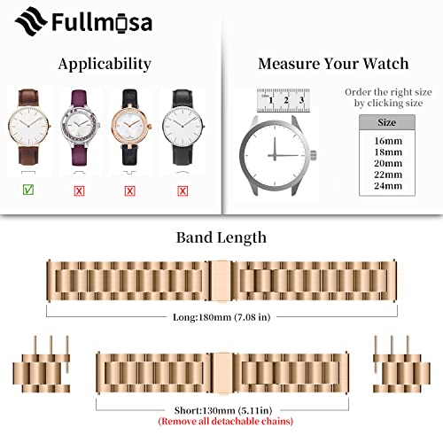 Fullmosa 18mm Stainless Steel Watch band, Quick Release Watch strap Compatible with Garmin Vivoactive 4S/Vivomove 3S/Active S/Venu 2S/Move 3S, Huawei Watch 1st, Rose Gold