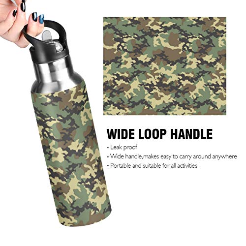 AUUXVA Military Print Camo Water Bottle Vacuum Insulated Stainless Steel Thermos Mug Kids Water Bottle with Straw and Handle Keep Hot Cold Sport Bike Fit Travel Outdoor 20 oz