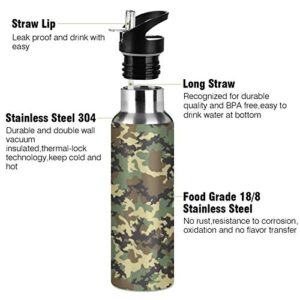 AUUXVA Military Print Camo Water Bottle Vacuum Insulated Stainless Steel Thermos Mug Kids Water Bottle with Straw and Handle Keep Hot Cold Sport Bike Fit Travel Outdoor 20 oz