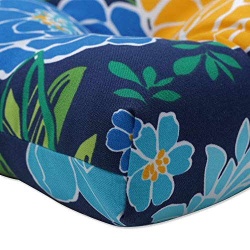 Pillow Perfect Floral Indoor/Outdoor Chairpad with Ties, Reversible, Tufted, Weather, and Fade Resistant, 15.5" x 16", Blue/Yellow Spring Bling, 2 Count