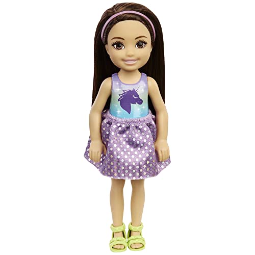 Barbie Chelsea Doll, Small Doll with Long Straight Black Hair & Brown Eyes in Removable Dress & Yellow Shoes