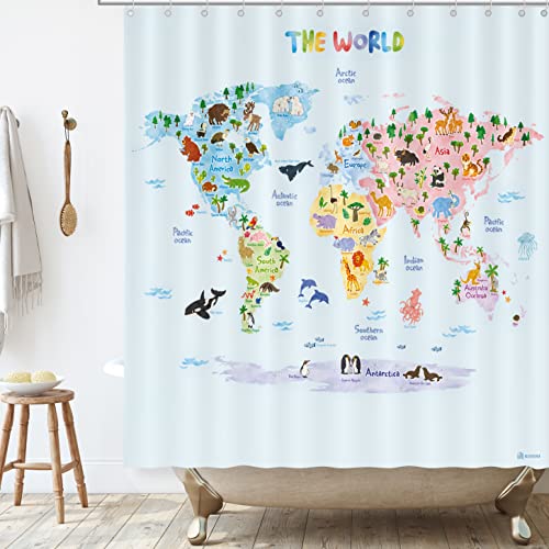 BASHOM BSC-615 Animal World Map Shower Curtain Set for Kids Waterproof Washable Decorative Bathroom 71''x71'' (180x180cm) Polyester Fabric with 12 Hooks Colourful Educational Country Liner Tapestry