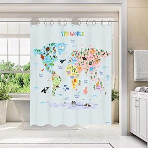 BASHOM BSC-615 Animal World Map Shower Curtain Set for Kids Waterproof Washable Decorative Bathroom 71''x71'' (180x180cm) Polyester Fabric with 12 Hooks Colourful Educational Country Liner Tapestry