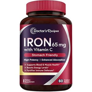 doctor’s recipes iron 65 mg carbonyl iron with vitamin c, maximized absorption easy on the stomach, red cells formation, blood, heart, brain, muscle & immunity health, vegan non-gmo 60 tablets