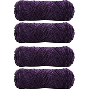 Truevalue 4 Skeins Chenille Yarn,Hand Knitting Glossy Chenille Velvet Blanket Yarn for Crochet Weaving DIY Craft Total 400g (Deep Purple)